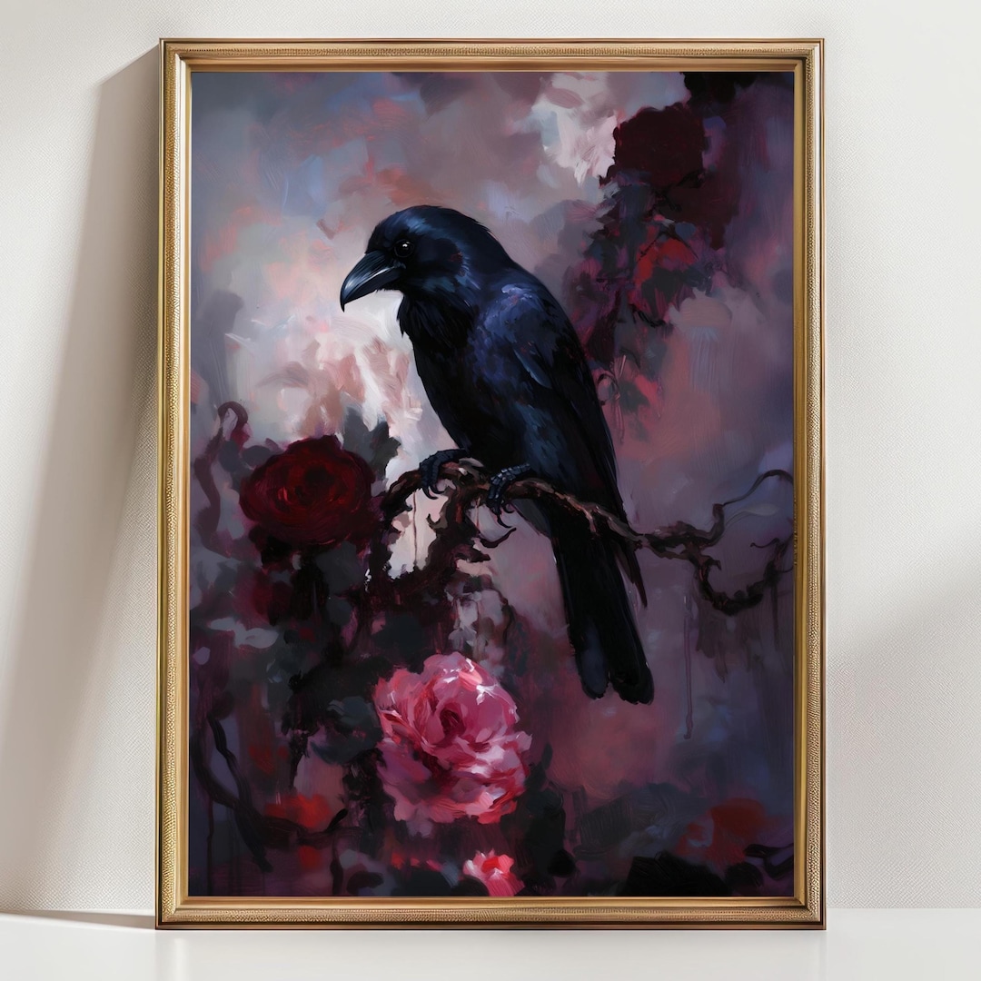 Raven and Roses Painting • Gothic Wall Art • Dark Romantic Print ...