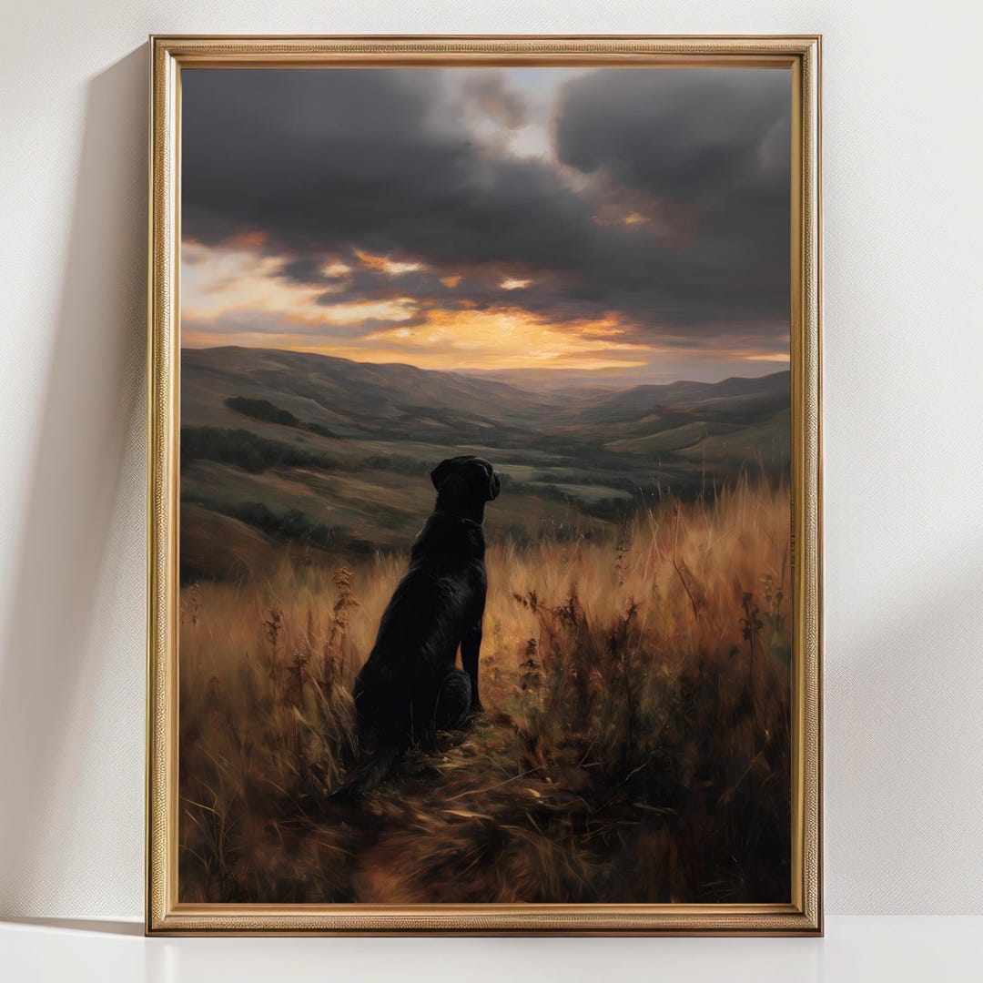 Black Labrador Dog at Sunset Art Print • Emotional Landscape Painting ...