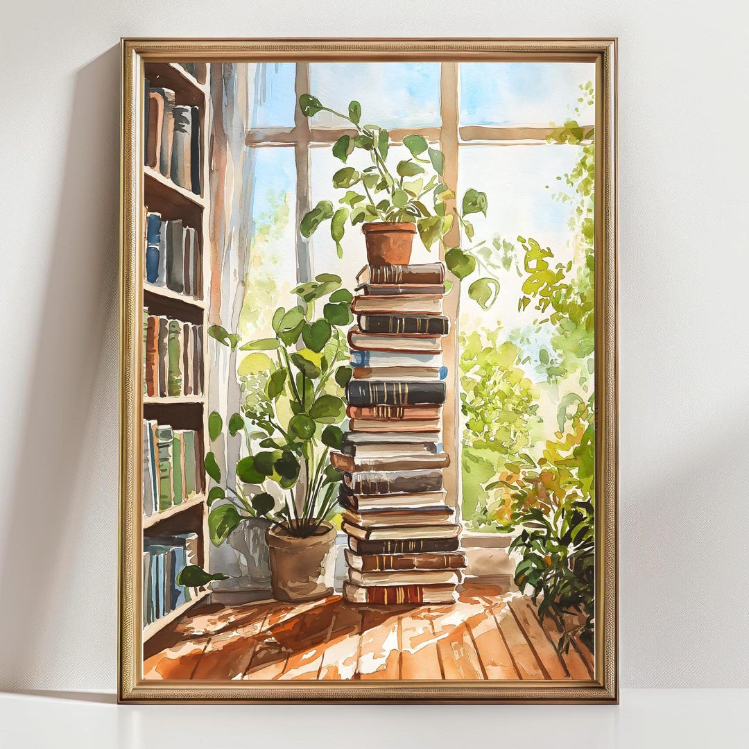 Books and Plants Library Art Print, Greenhouse Library Reading , Book ...
