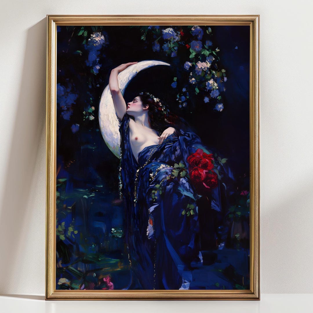 Moon Goddess Wall Art, Dark Feminine Celestial Painting, Mystic Woman ...