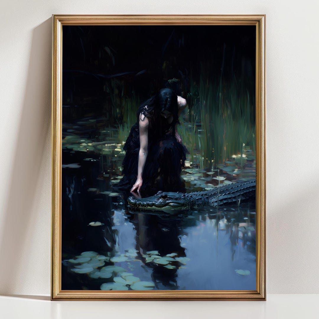Gothic Girl and Alligator Dark Fantasy Art Print – Surreal Swamp ...