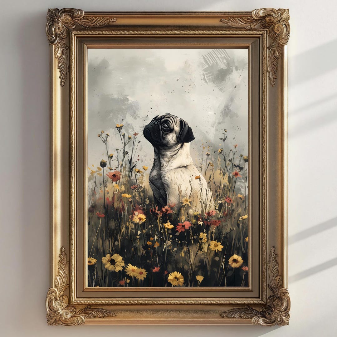 Pug Moody Dark Wildflower Dog Print Vintage Wildflower Painting Dog ...