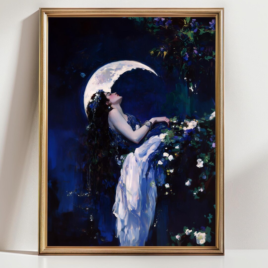 Moon Goddess Wall Art, Mystical Night Woman Painting, Celestial Fantasy ...