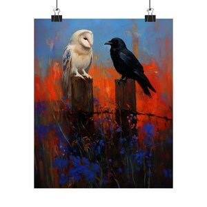 Barn Owl and Raven Print, Gothic Bird Wall Art, Colorful Dark Academia ...