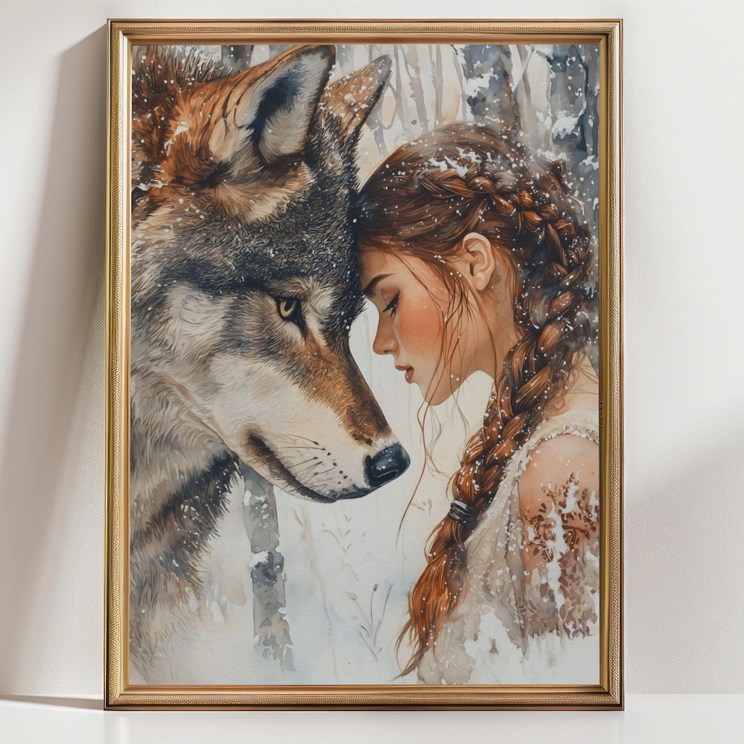 Wolf and Girl Art Print – Winter Forest Spirit Animal Decor, Feminine ...