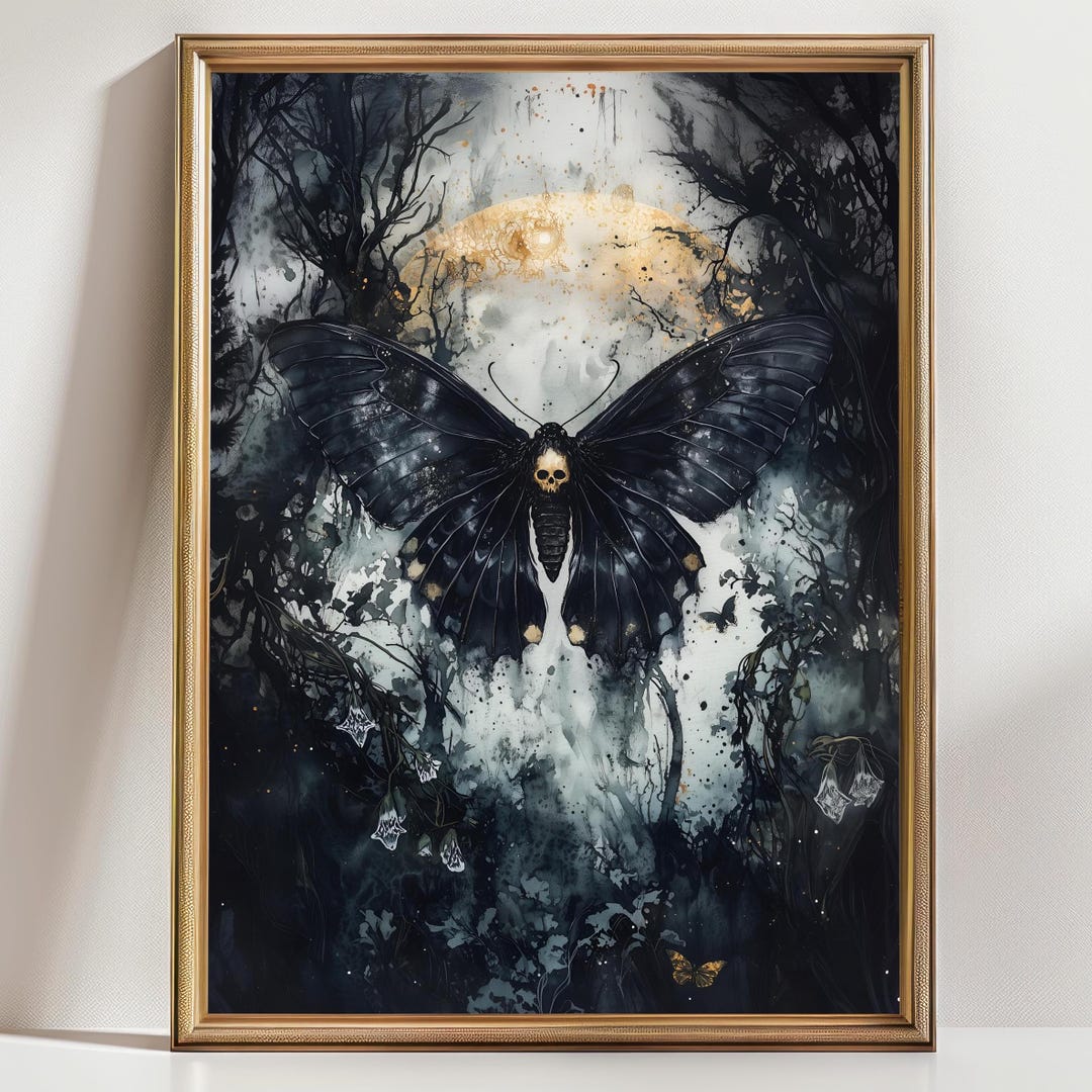 Dark Death Moth Wall Art, Skull Moon Fantasy Print, Gothic Nature ...