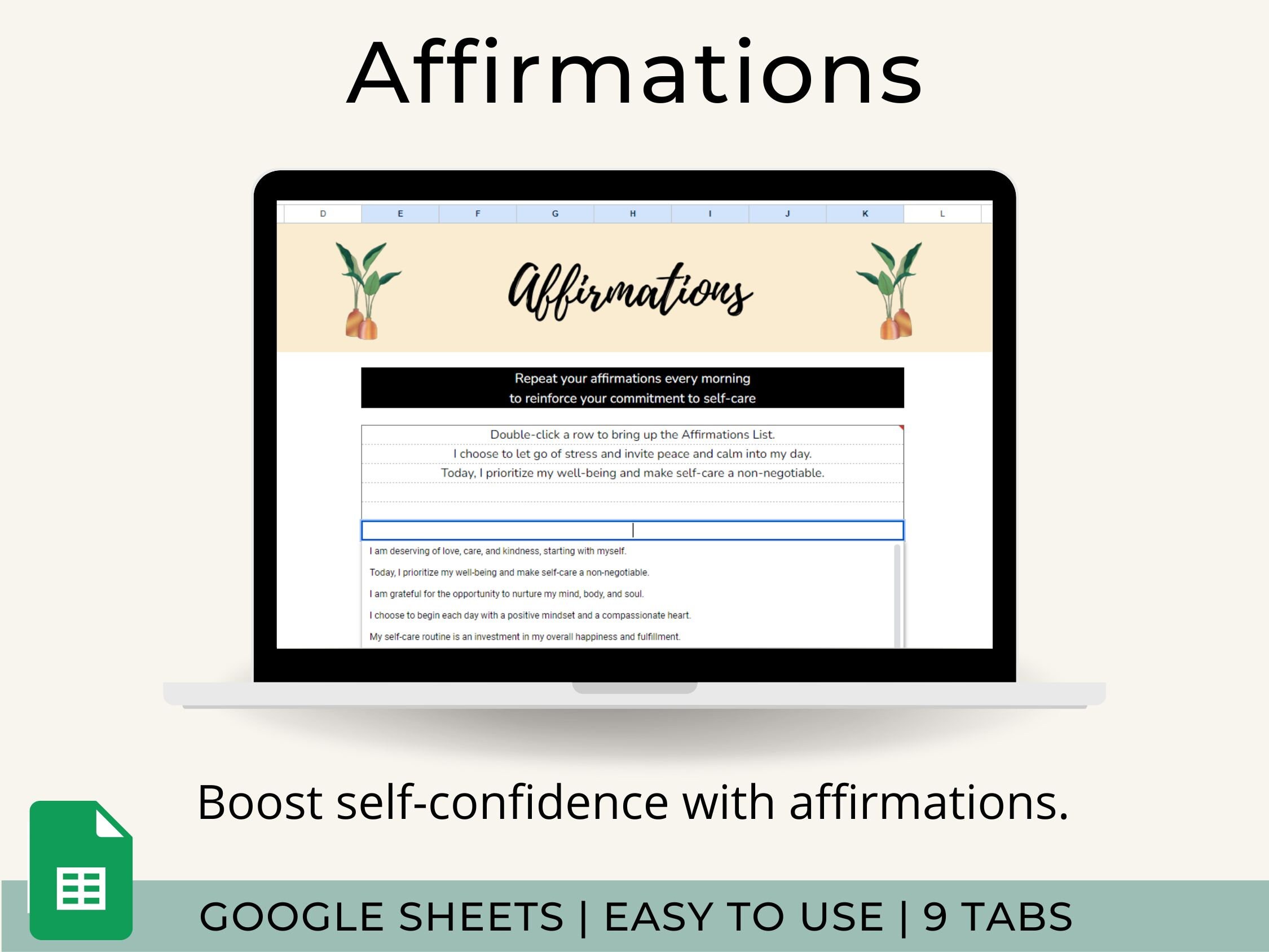 Self Care Spreadsheet, Affirmations, Gratitude Journal, Bingo Game ...