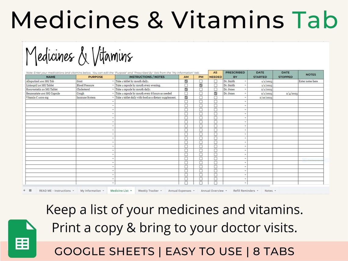 Medication Tracker Google Sheets Template, Medicine Tracker Spreadsheet ...
