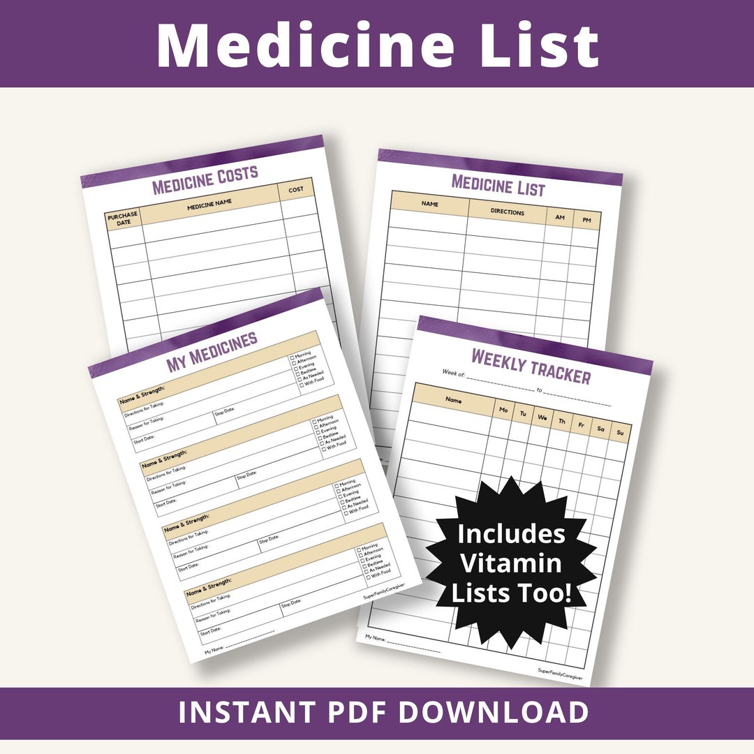 Medication List Printable, Medicine Tracker, Vitamin Log, Supplement ...