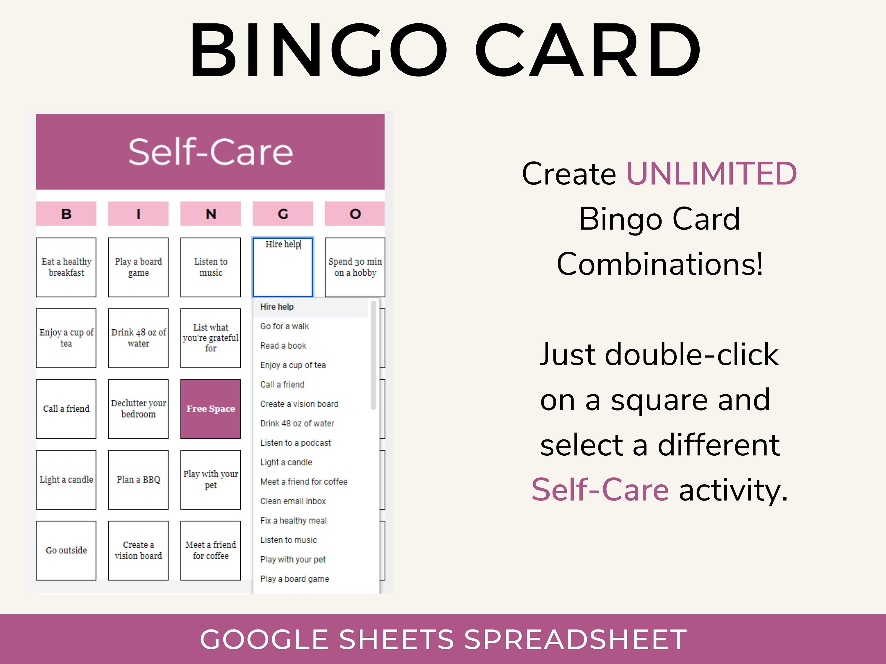 Self-care Bingo Google Sheets Spreadsheet Template - Etsy