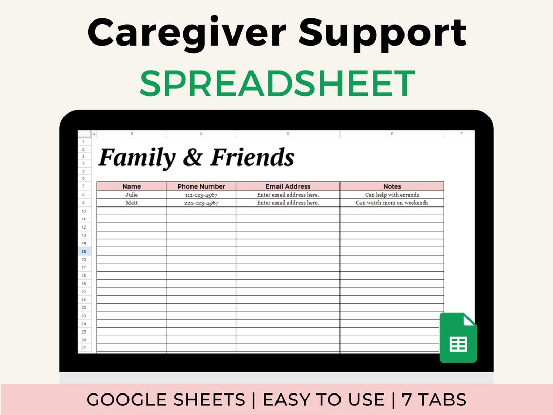 Caregiver Support Services Tracking Spreadsheet, Google Sheets Editable ...