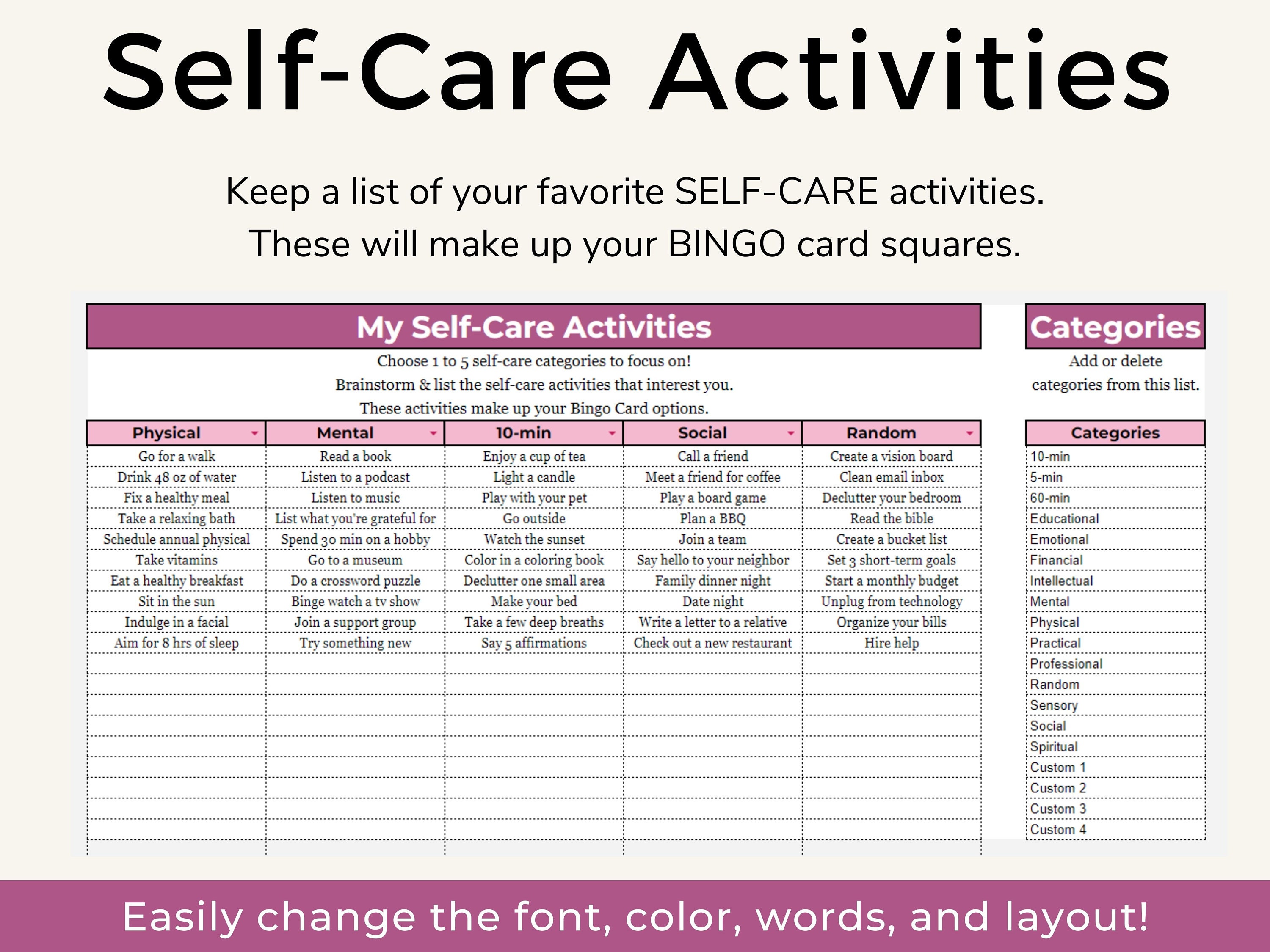 Self-care Bingo Google Sheets Spreadsheet Template - Etsy