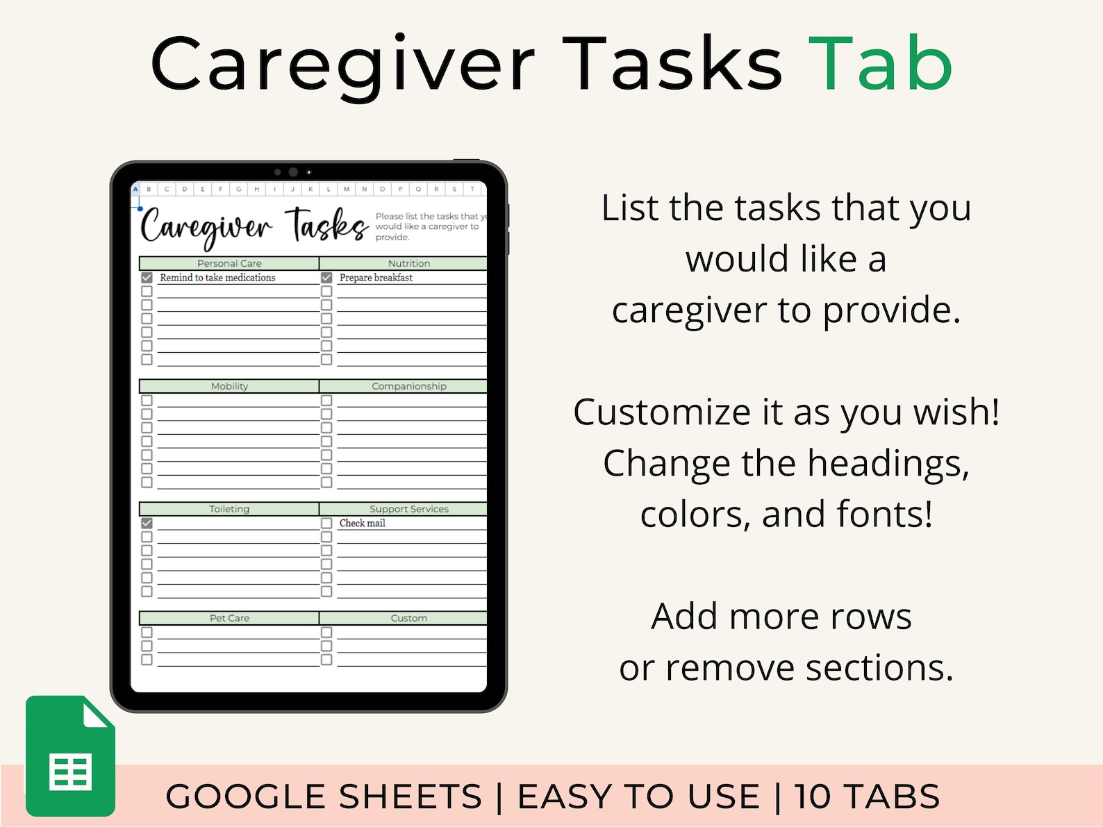 Caregiver Checklist Spreadsheet Template, Caregiver Log Google Sheets ...