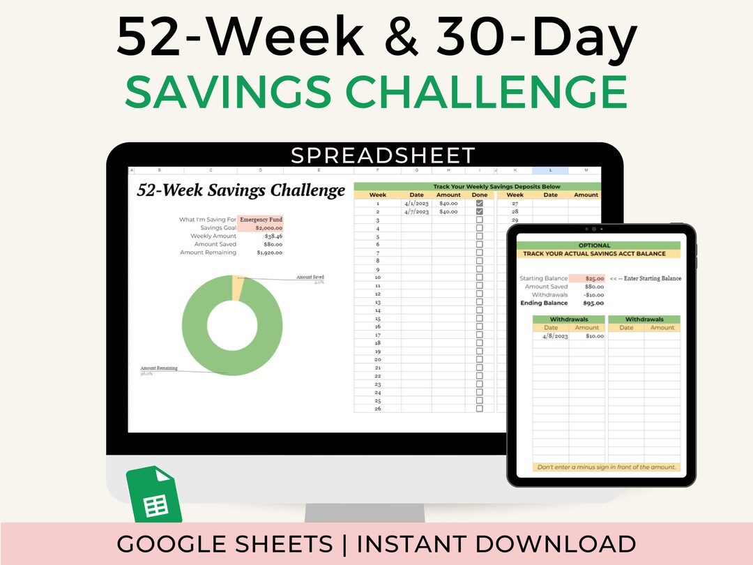 52 Week Savings Challenge, 30 Day Challenge, Google Sheets Savings ...