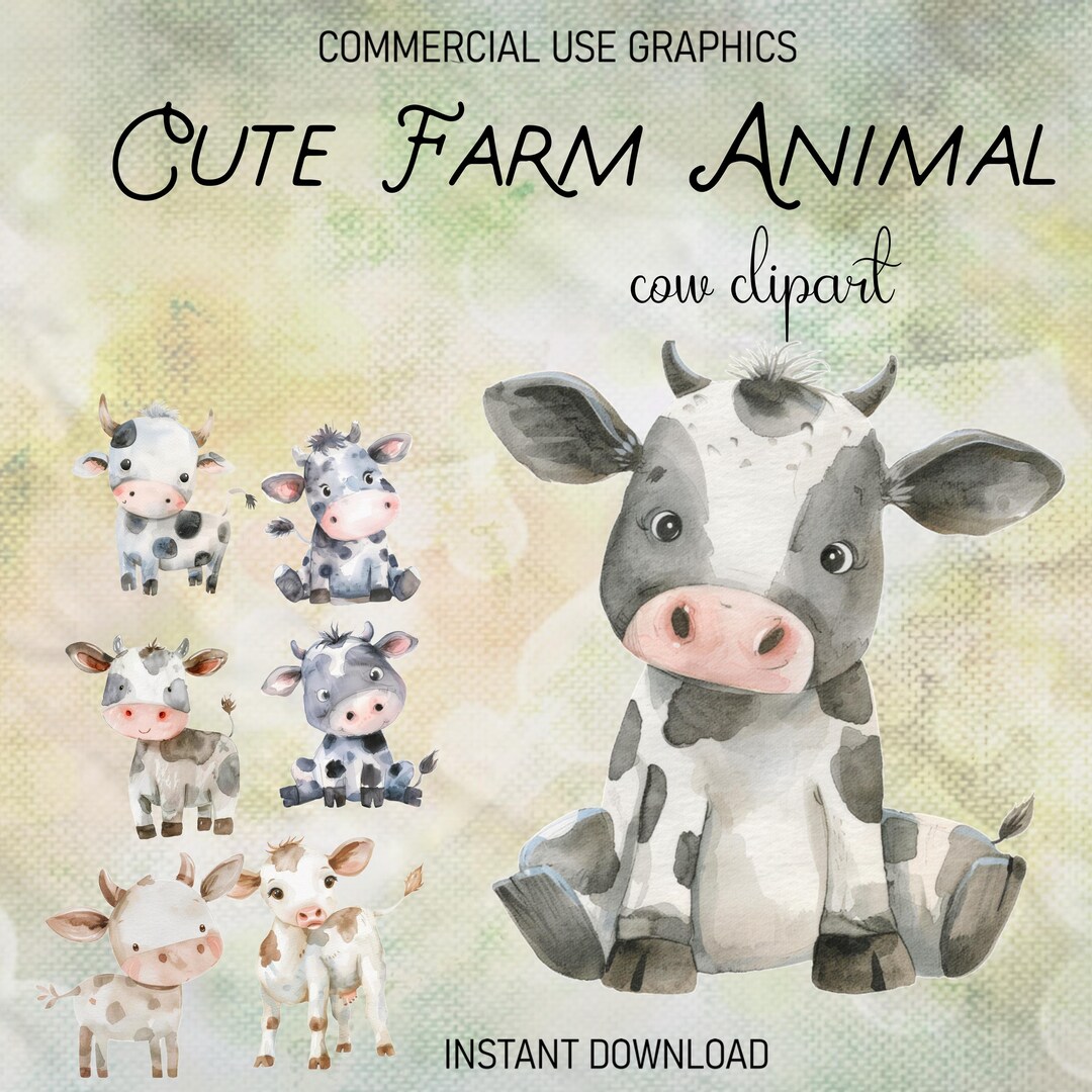Cute Farm Animals Series, Cow Clipart, Calves, Baby Cows, Baby Calf ...