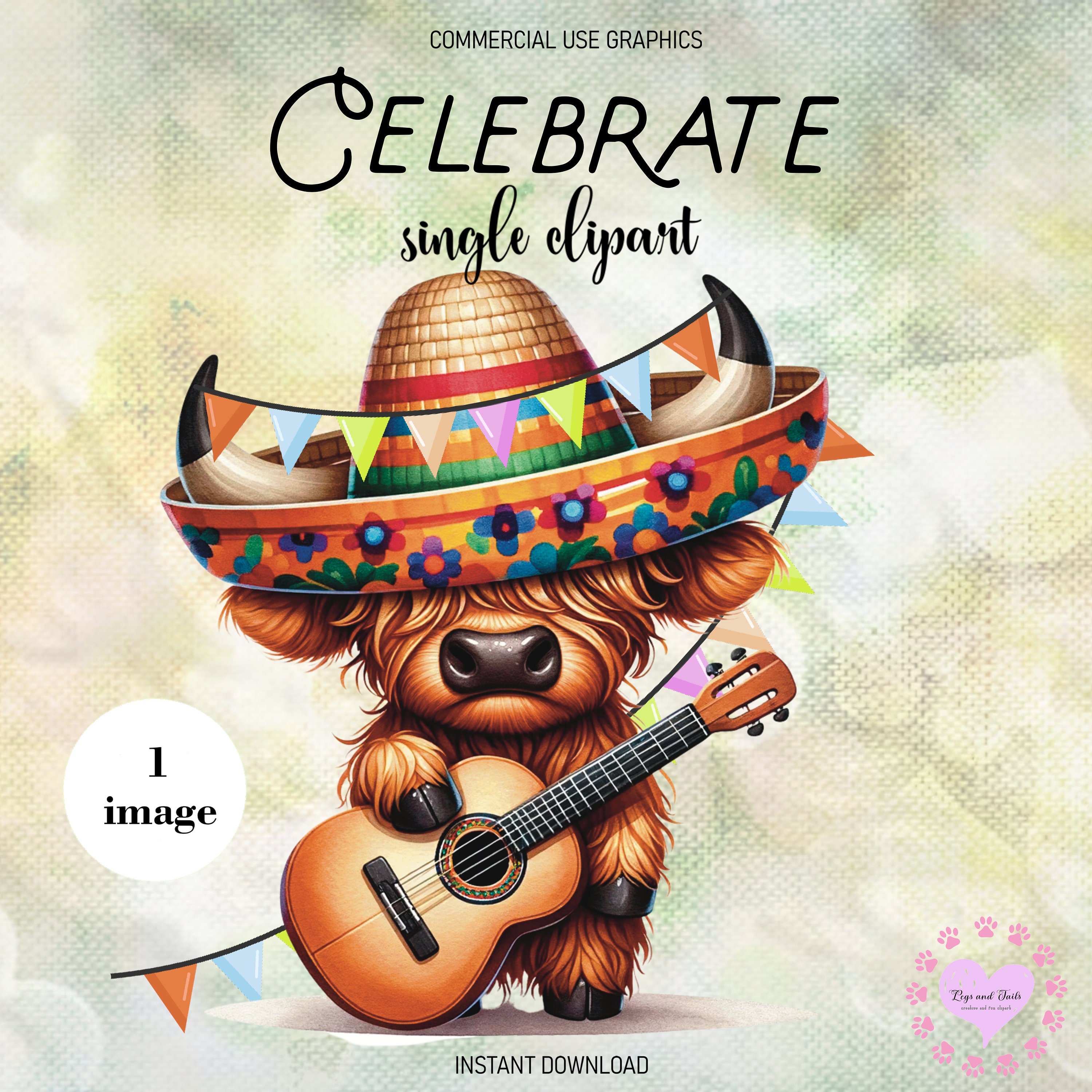 Celebrate,highland Cow, Guitar Playing Highland Cow, Watercolor ...