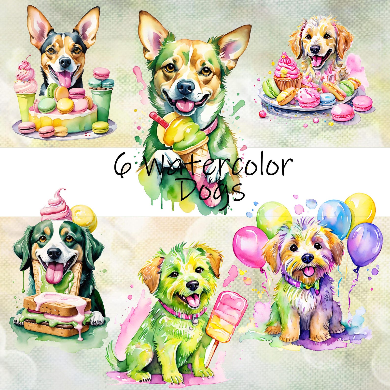 Watercolor Dogs, 6 PNG Images, Party Dog Graphics, Cute Dog Prints, Ice ...