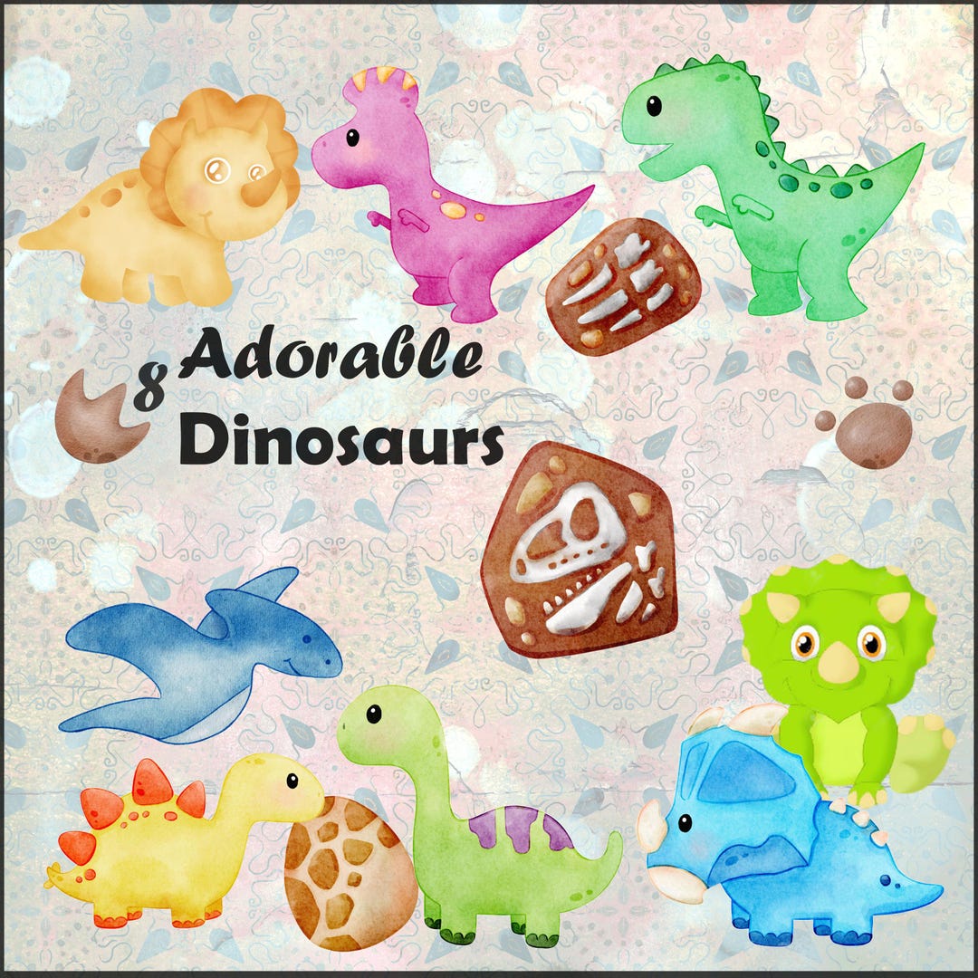 8 Adorable Dinosaurs, Cute Dinosaurs Clip Art, Dino Art Print, Dinosaur ...