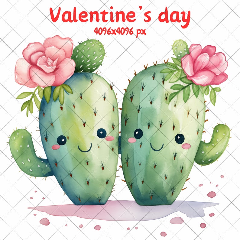 Cute Kawaii Watercolor Cactus Couple Cactus in Love Valentine's Day ...