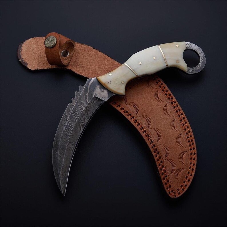 Custom Handmade Damascus Steel Karambit Hunting Knife With Leather ...