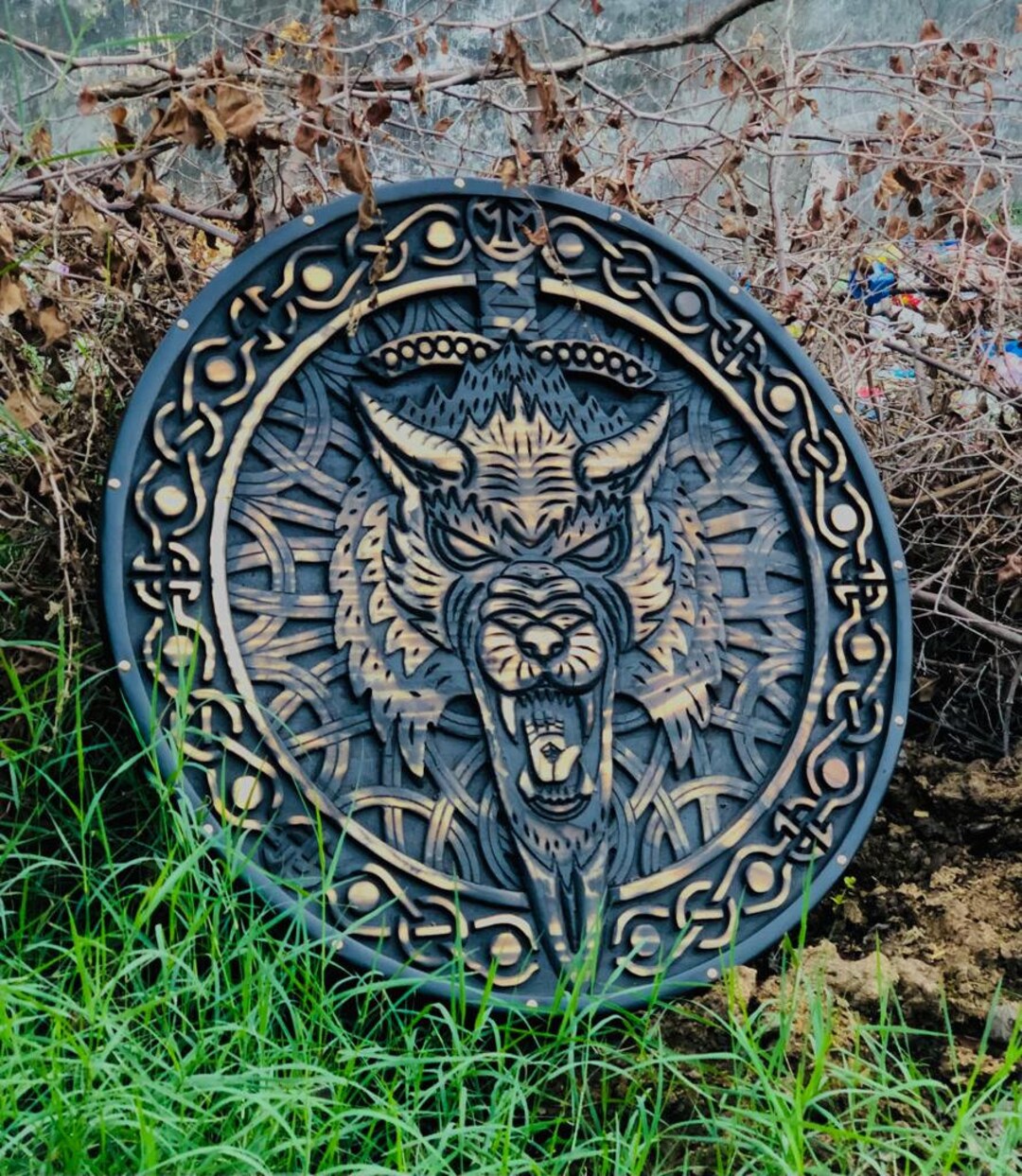 Handmade Medieval Viking Shield, Fenrir Wood Carved Viking Gifts ...