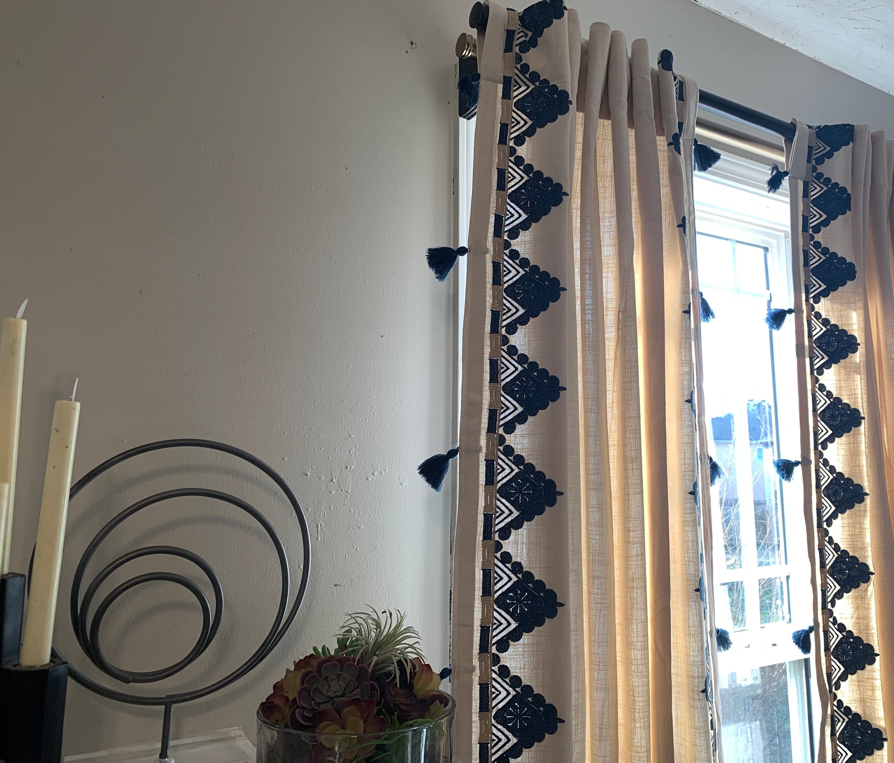 1 Pair of Drapery Panels Beige W/ Blue Border With Tassels ( 4pr in ...