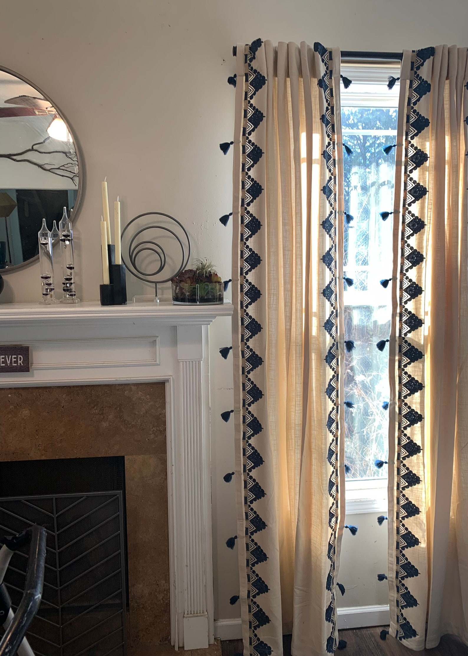 1 Pair of Drapery Panels Beige W/ Blue Border With Tassels ( 4pr in ...