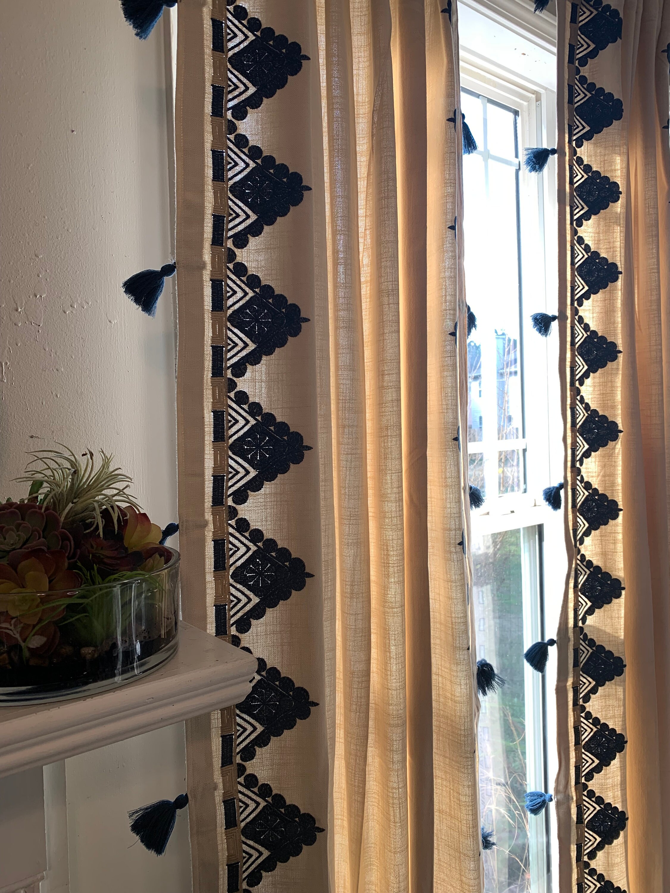 1 Pair of Drapery Panels Beige W/ Blue Border With Tassels ( 4pr in ...