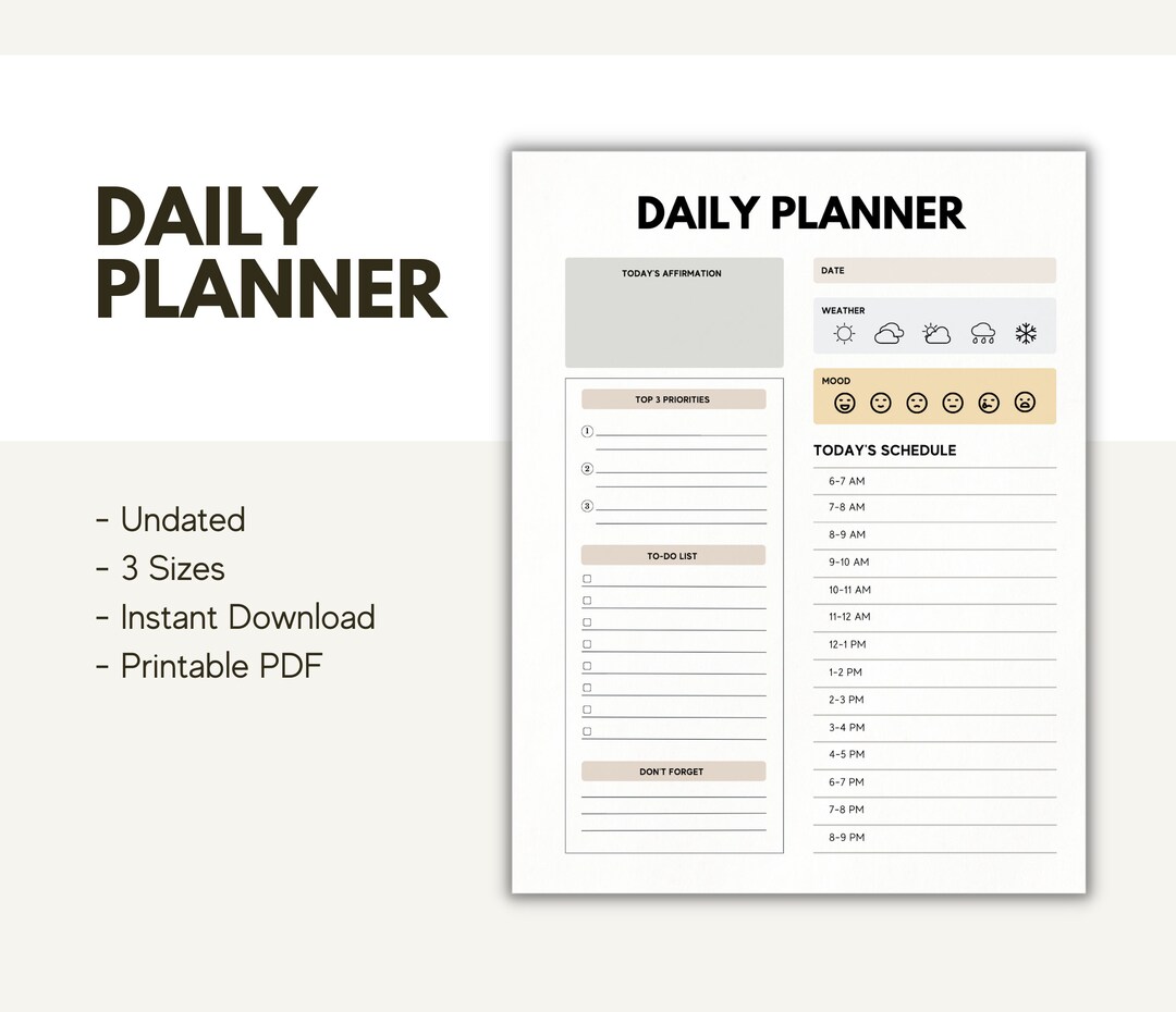 Daily 24 Hour Planner, Printable Template, Instant Download, Schedule ...