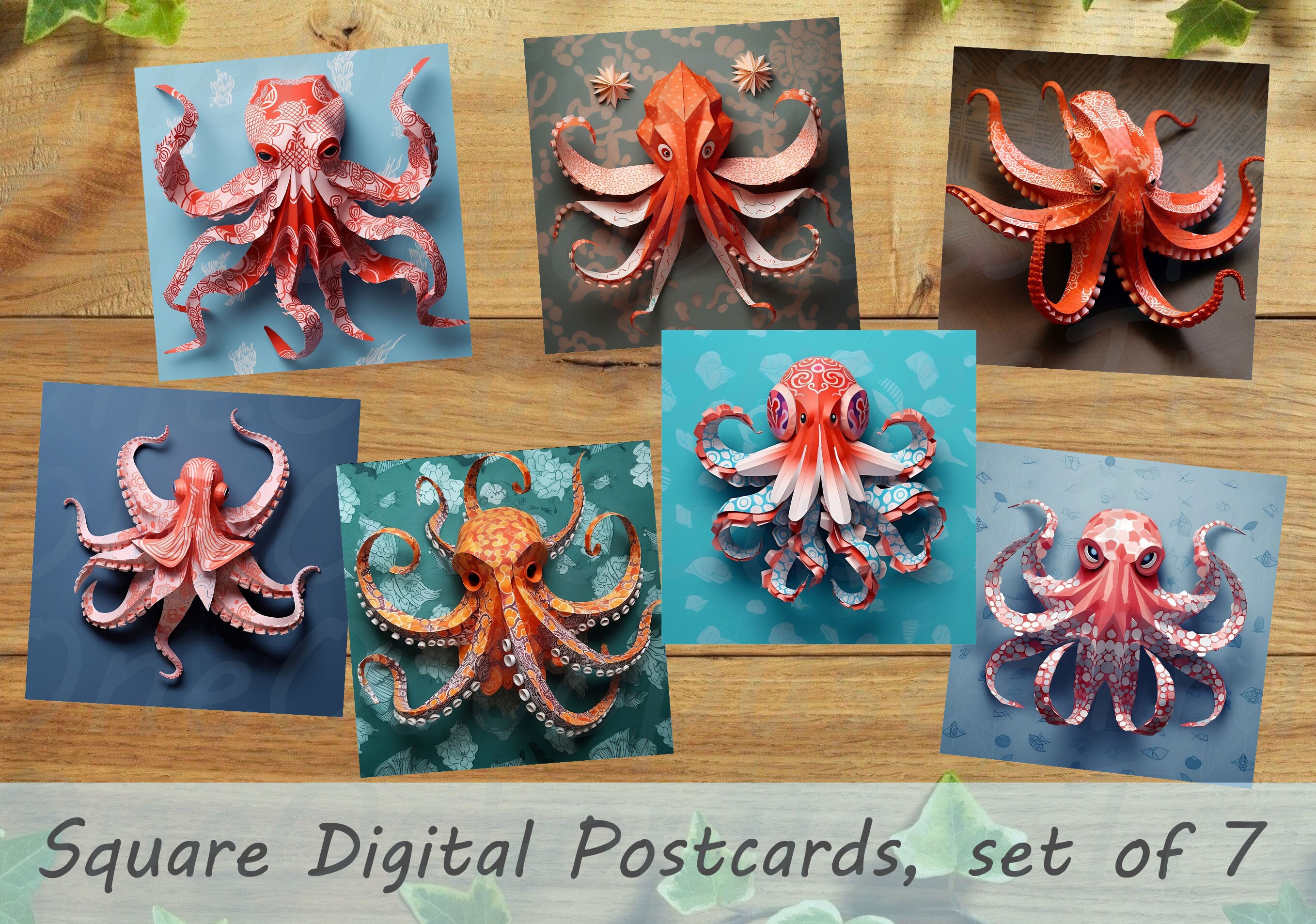 Octopus Square Postcards, Origami, Cephalopod Art, Digital Download ...
