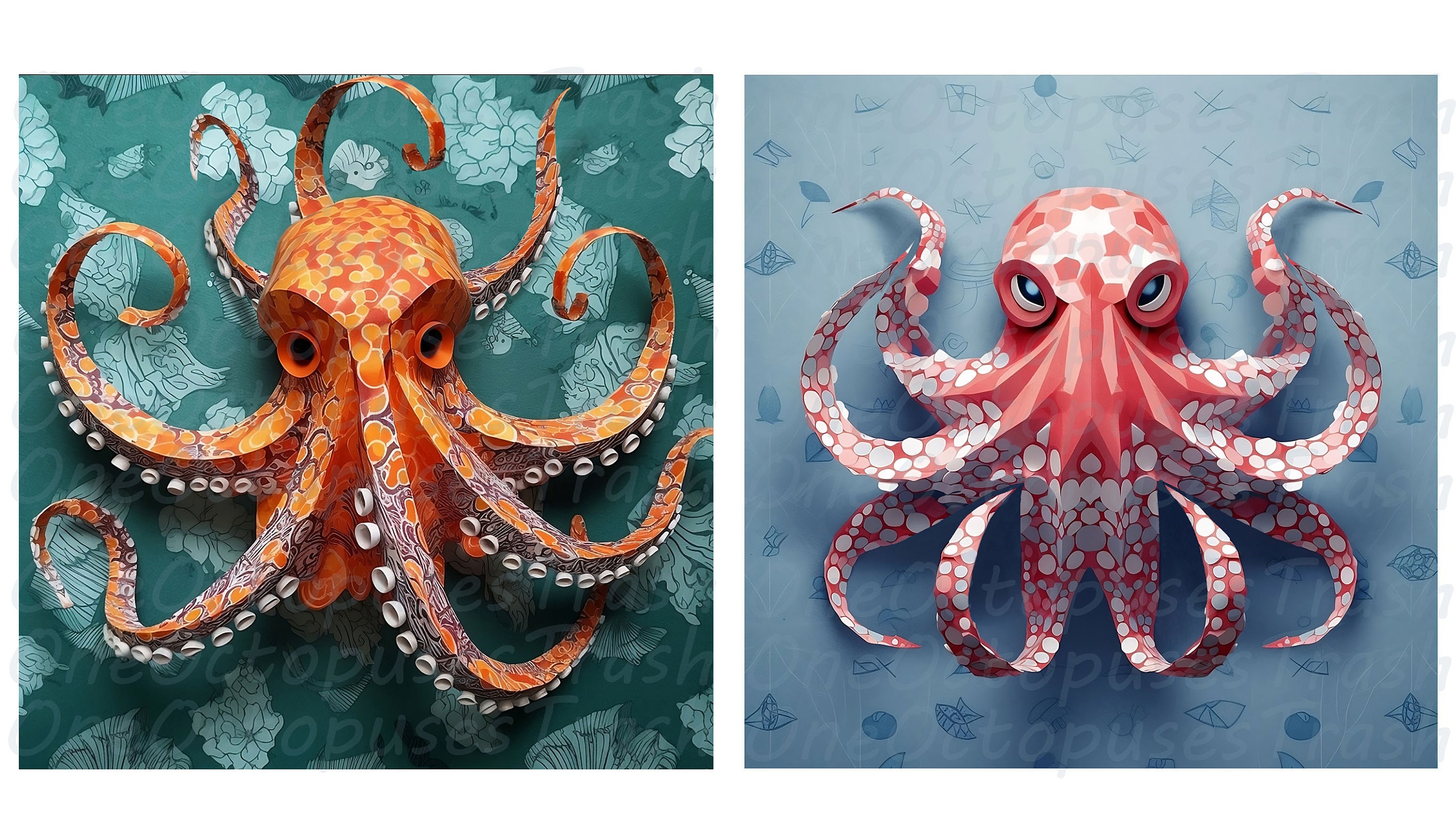 Octopus Square Postcards, Origami, Cephalopod Art, Digital Download ...