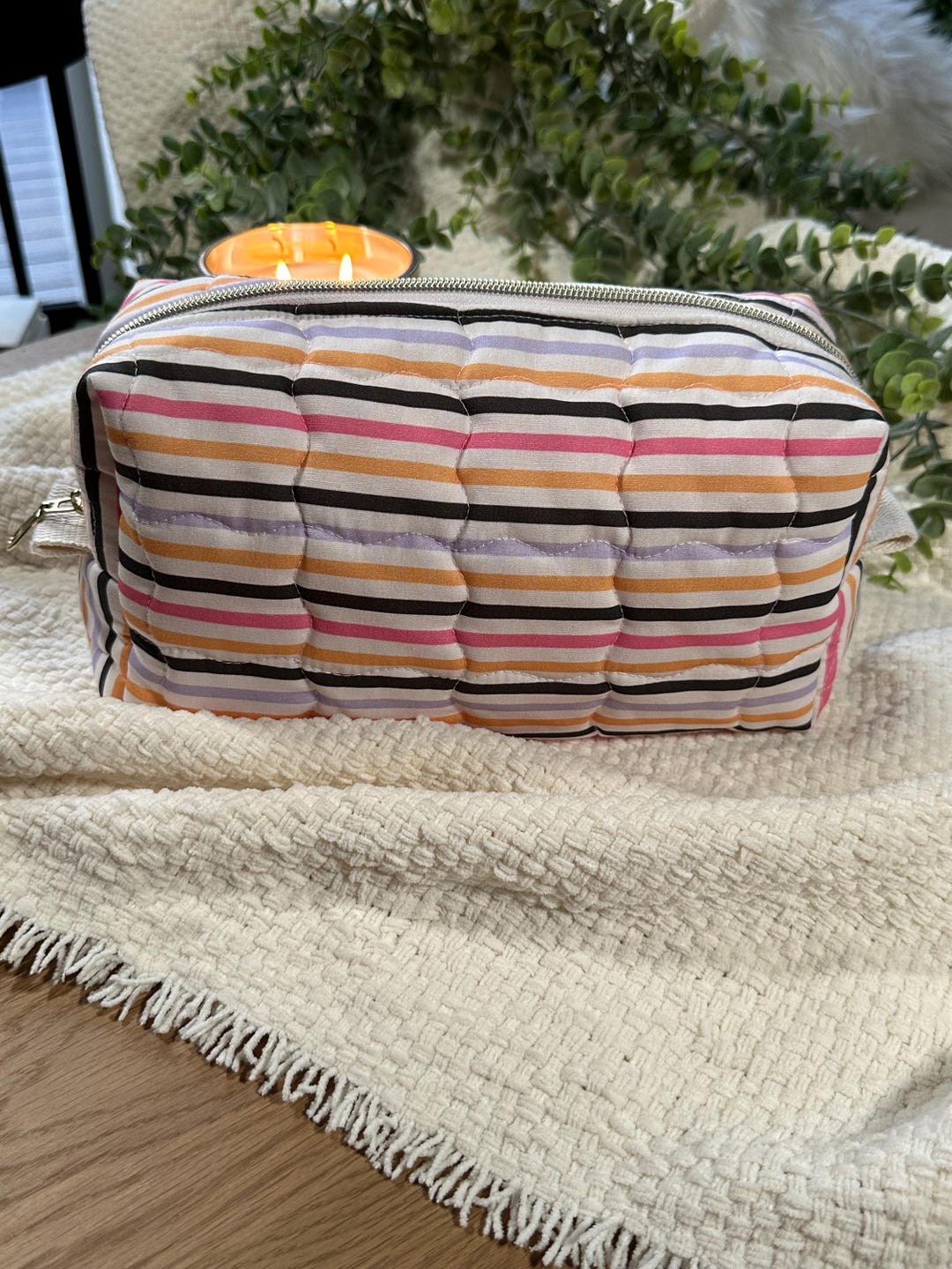 Large Halloween Striped Boxy Quilted Toiletry Makeup Pouch With Orange ...