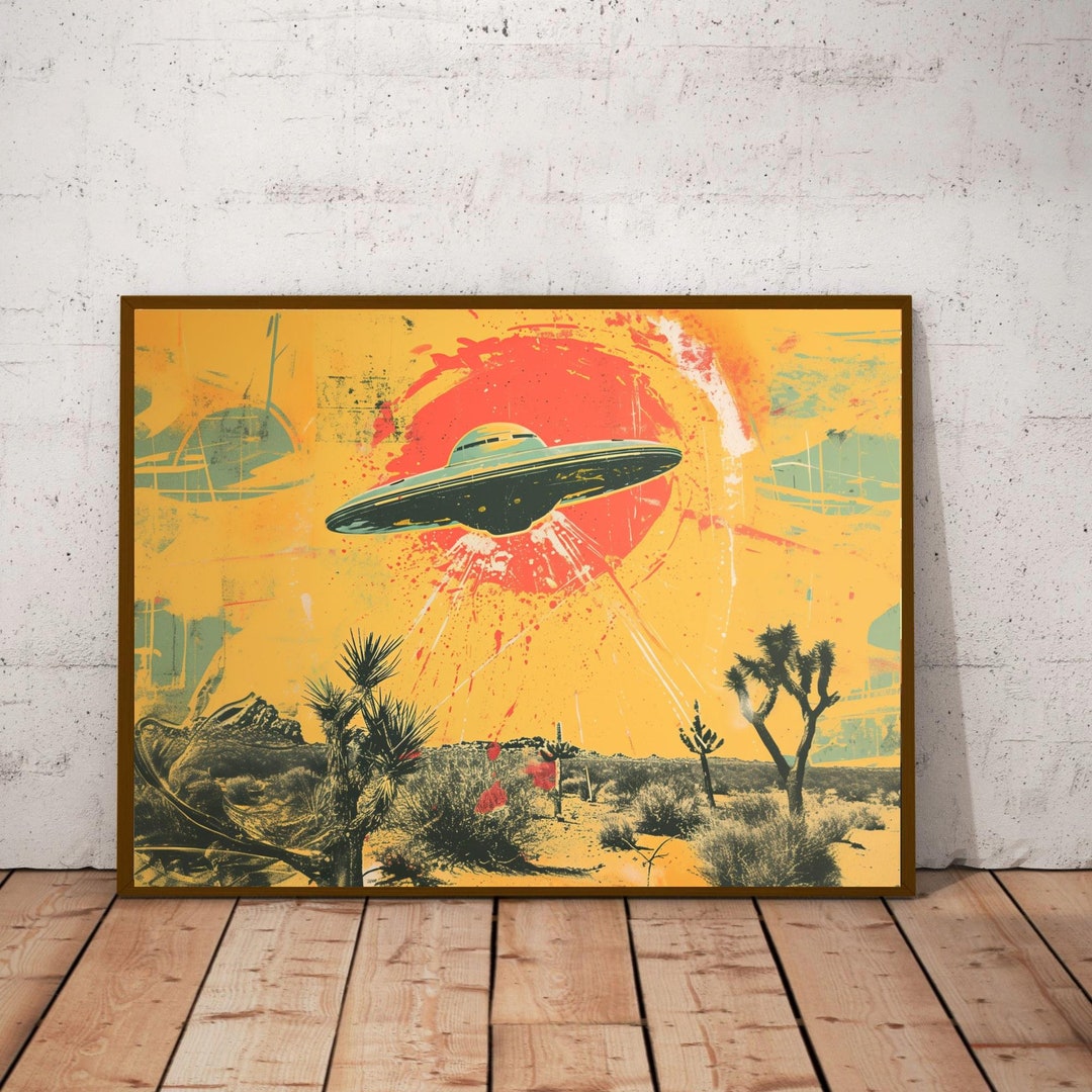 Retro UFO Desert Art Print – Mid Century Modern Alien Wall Art, Joshua ...