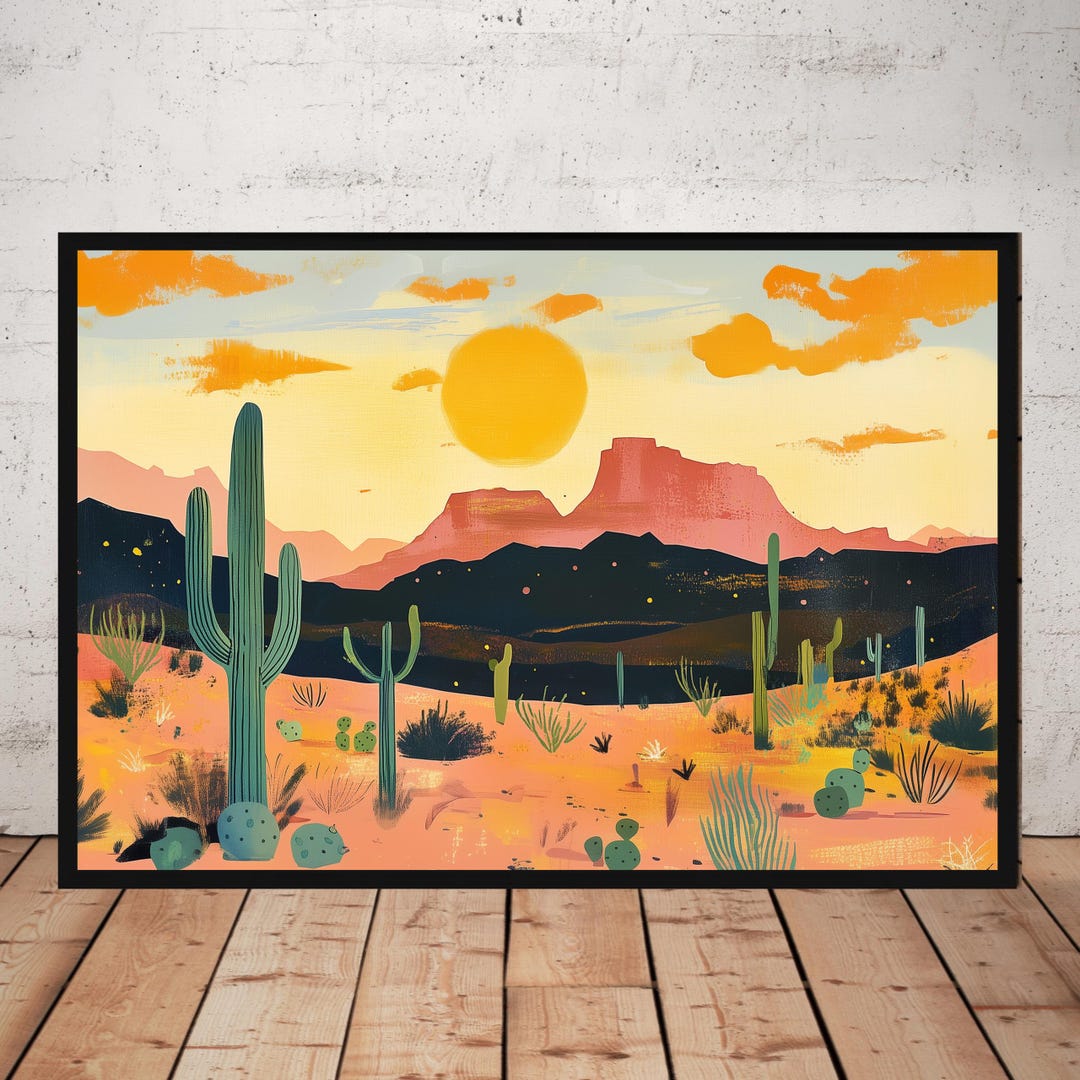 Mid Century Desert Sunset Art Print - Retro Cactus Landscape Wall Decor ...