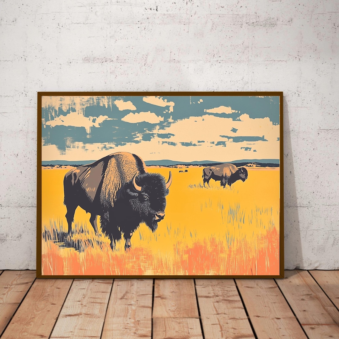 Buffalo Prairie Grazing, Bison Print, Buffalo Print, Mid Century Modern ...