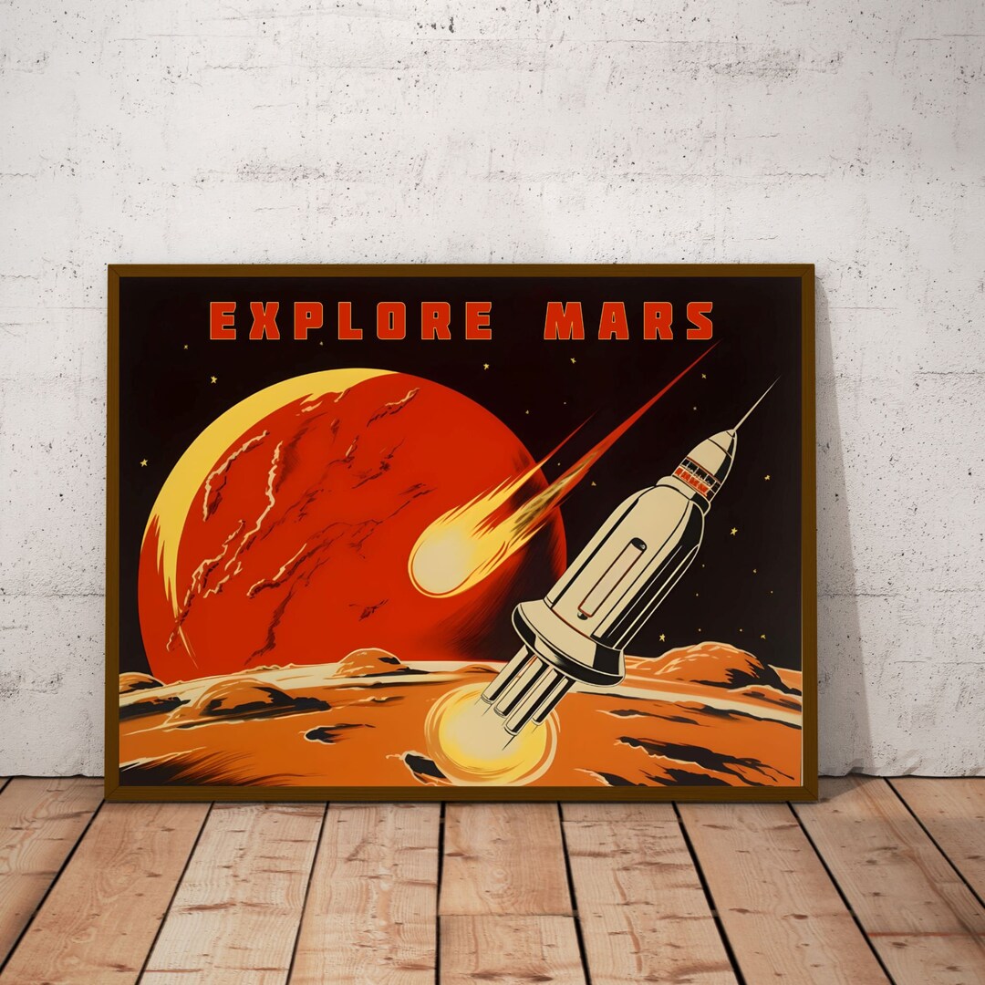 Explore Mars I Vintage Sci-fi Inspired Rocket Flying Through Mars I Mid ...