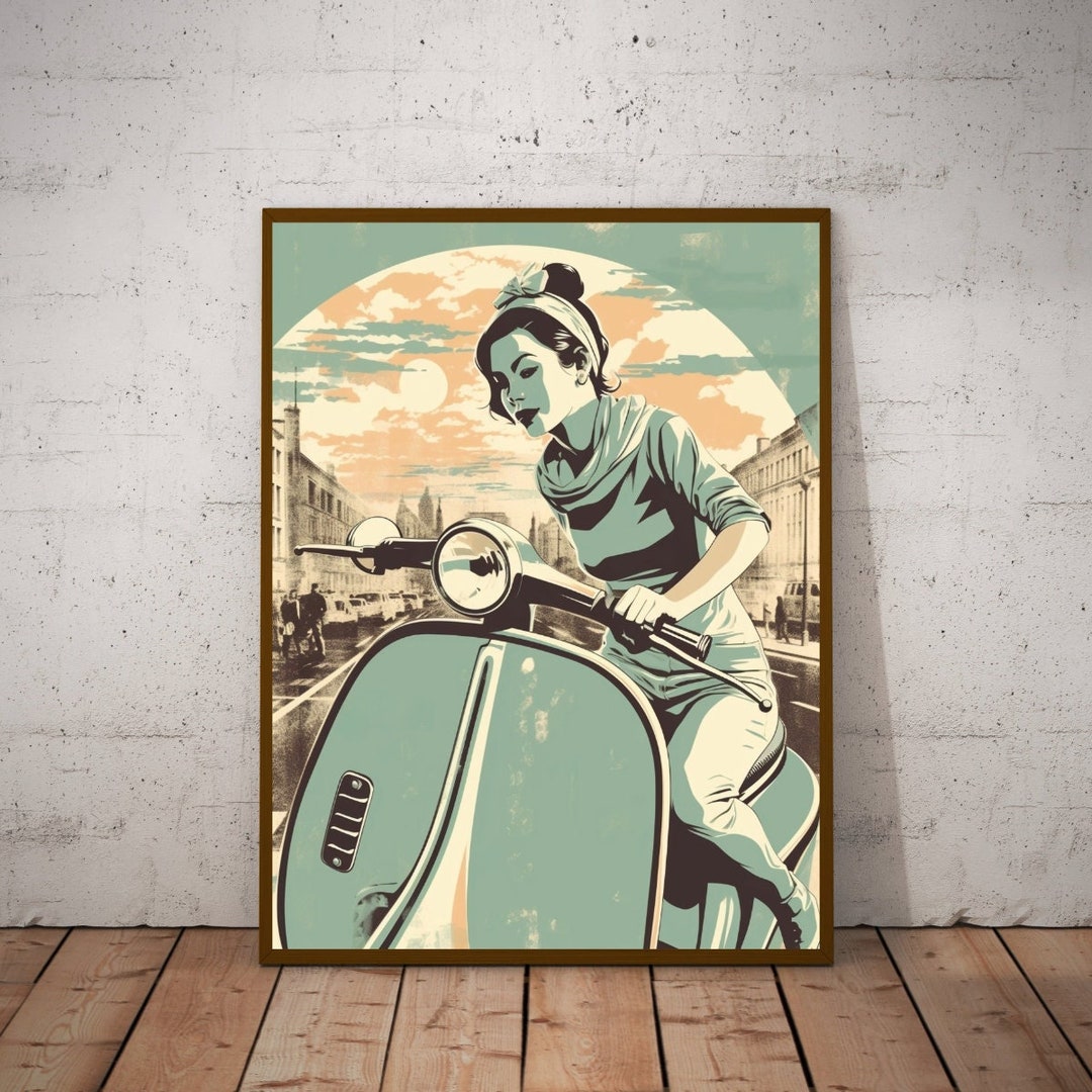 Vintage Inspired Vespa Print, Girl on Scooter, Classic Vespa Print ...