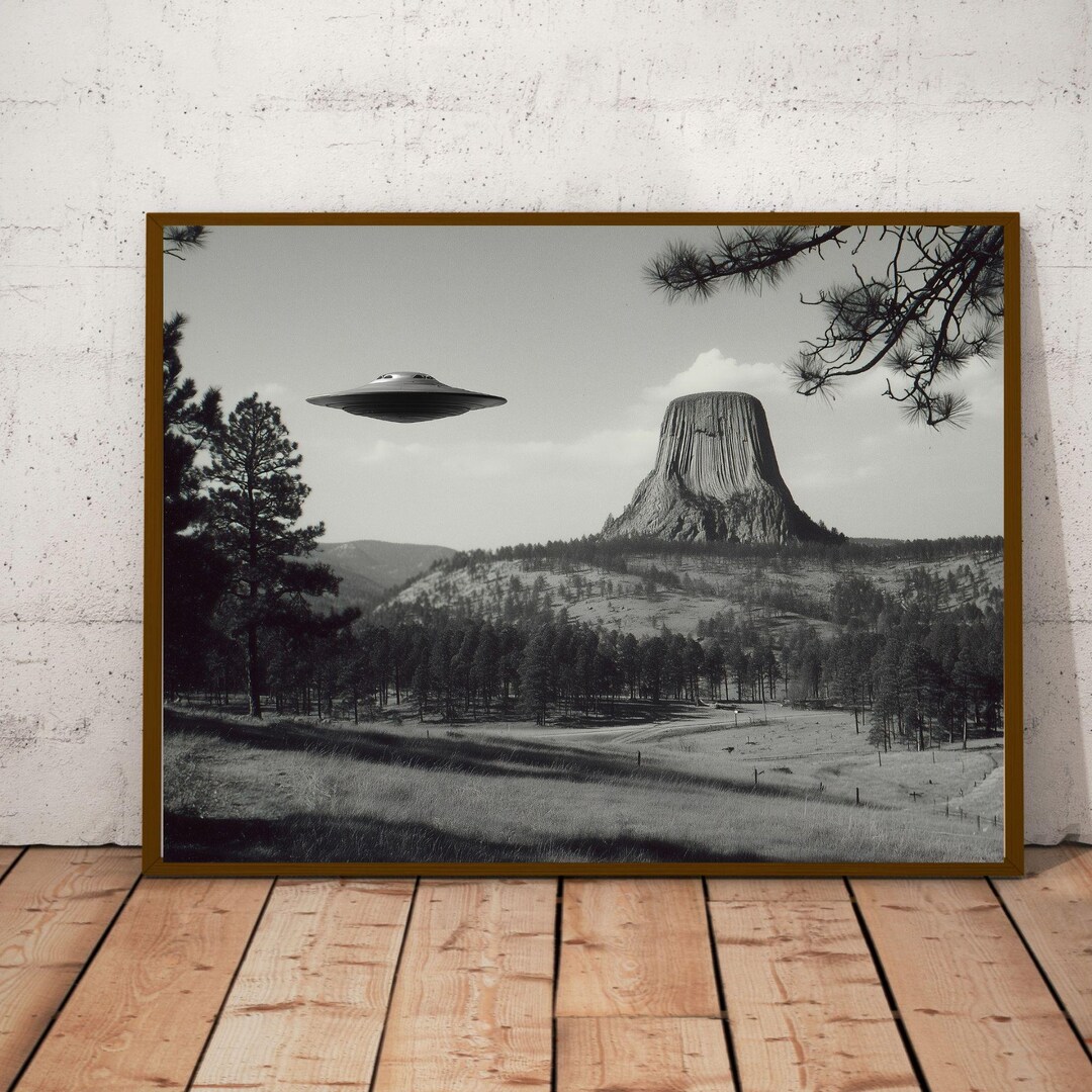 UFO Over Devils Tower Art Print – Vintage Black and White Alien ...