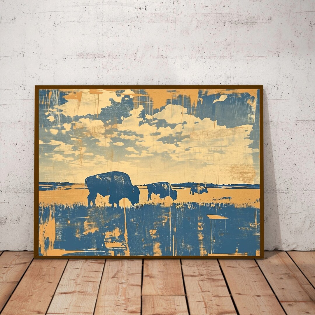 Buffalo Prairie Grazing, Bison Print, Buffalo Print, Mid Century Modern ...