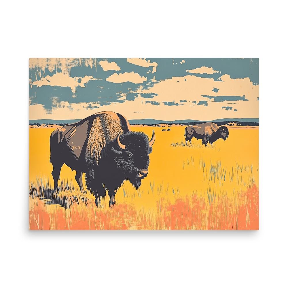 Buffalo Prairie Grazing, Bison Print, Buffalo Print, Mid Century Modern ...