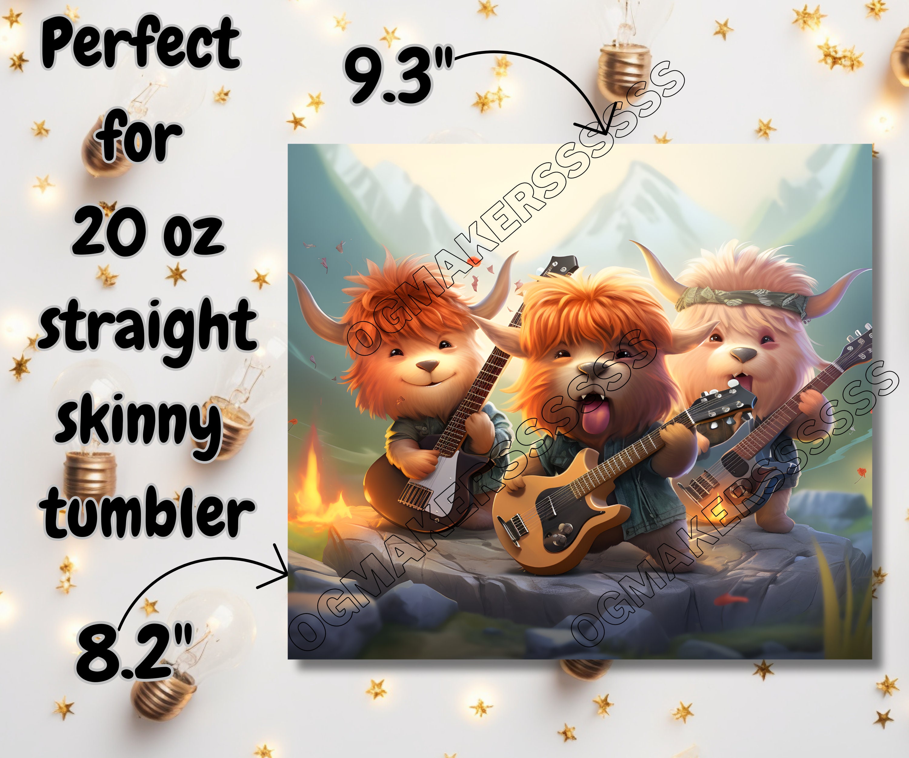 3D Cute Baby Highland Cows Rock Band With Guitars Tumbler Wrap PNG 20oz ...