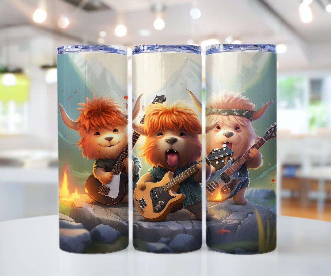 3D Cute Baby Highland Cows Rock Band With Guitars Tumbler Wrap PNG 20oz ...
