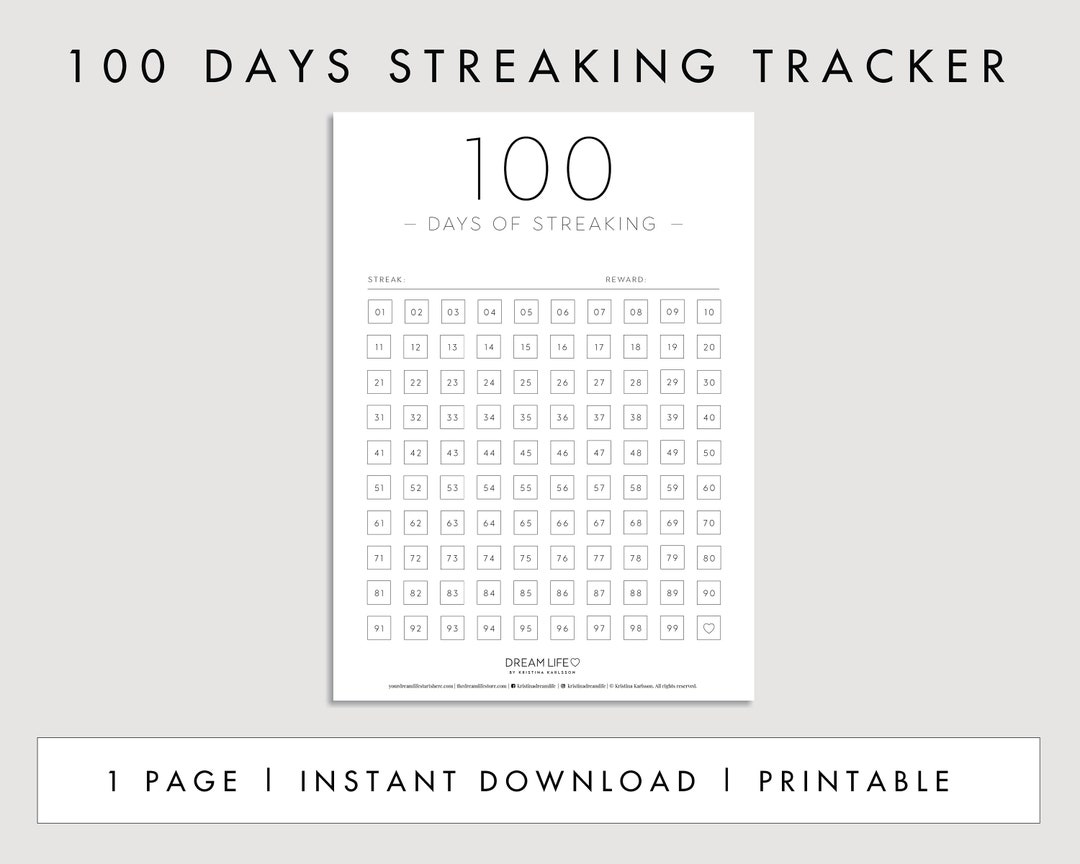 100 Days of Streaking Tracker- 1 Page Printable PDF - Etsy