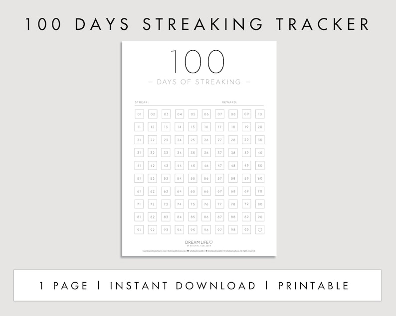 100 Days of Streaking Tracker- 1 Page Printable PDF - Etsy