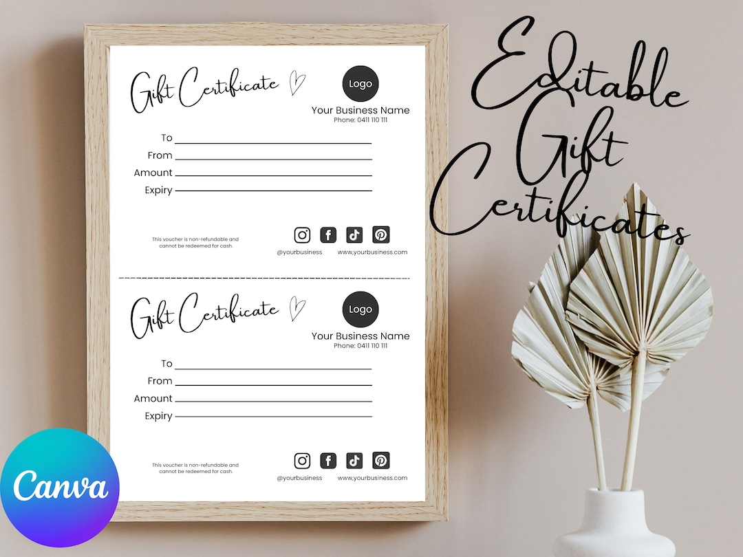 Editable Gift Certificate Template, DIY Gift Card, Small Business ...