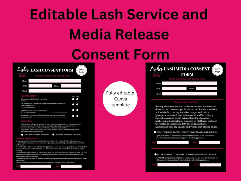Editable Lash Consent and Media Release Forms, Lash Intake Form ...