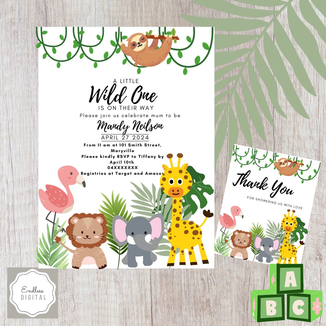 Editable Jungle Themed Baby Shower Invitation, Jungle Thank You Card ...