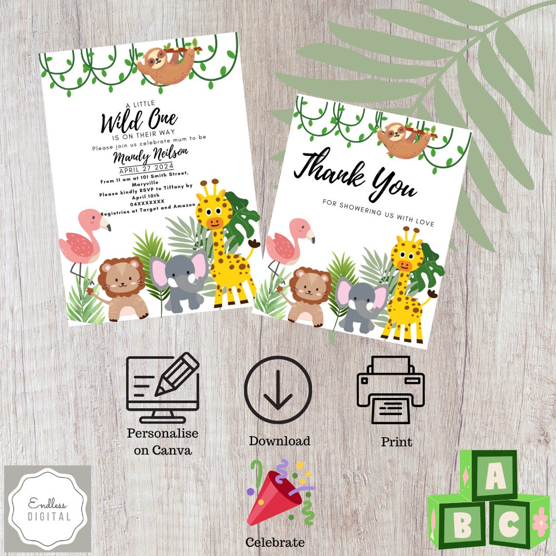 Editable Jungle Themed Baby Shower Invitation, Jungle Thank You Card ...