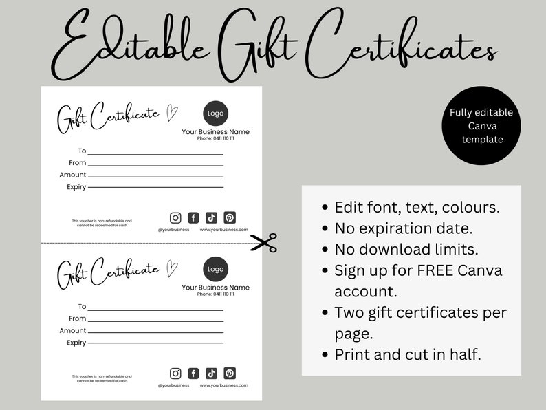 Editable Gift Certificate Template, DIY Gift Card, Small Business Supplies, Printable Gift ...