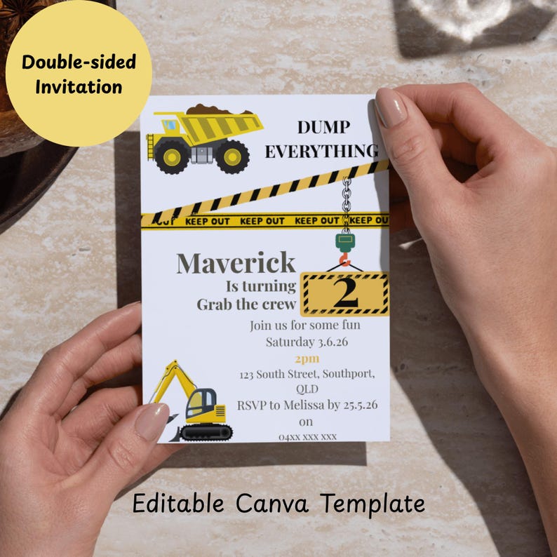 Construction Truck Birthday Invitation | Editable Canva Template ...